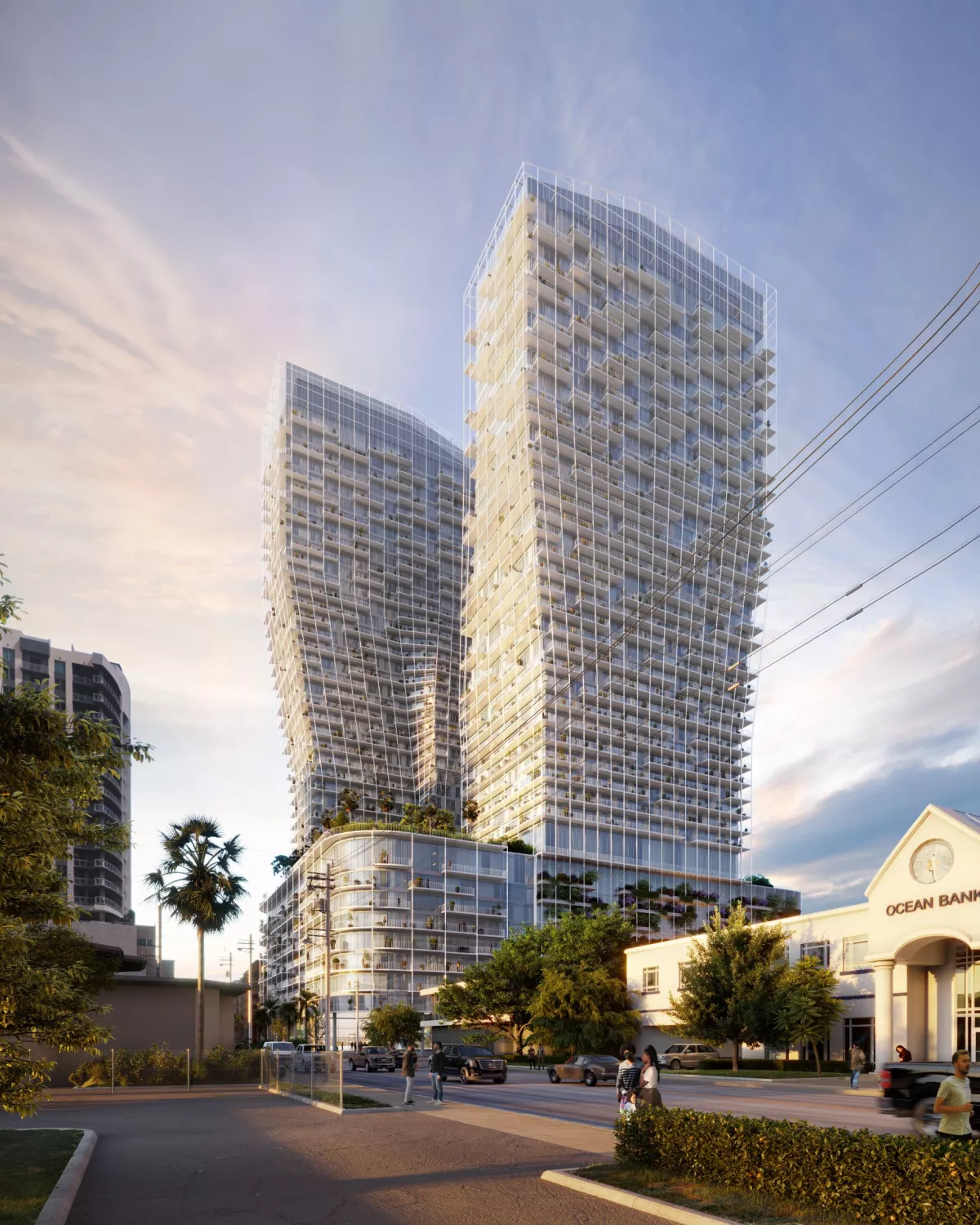 Pair of tapering towers defined by eye-catching exoskeleton exteriors