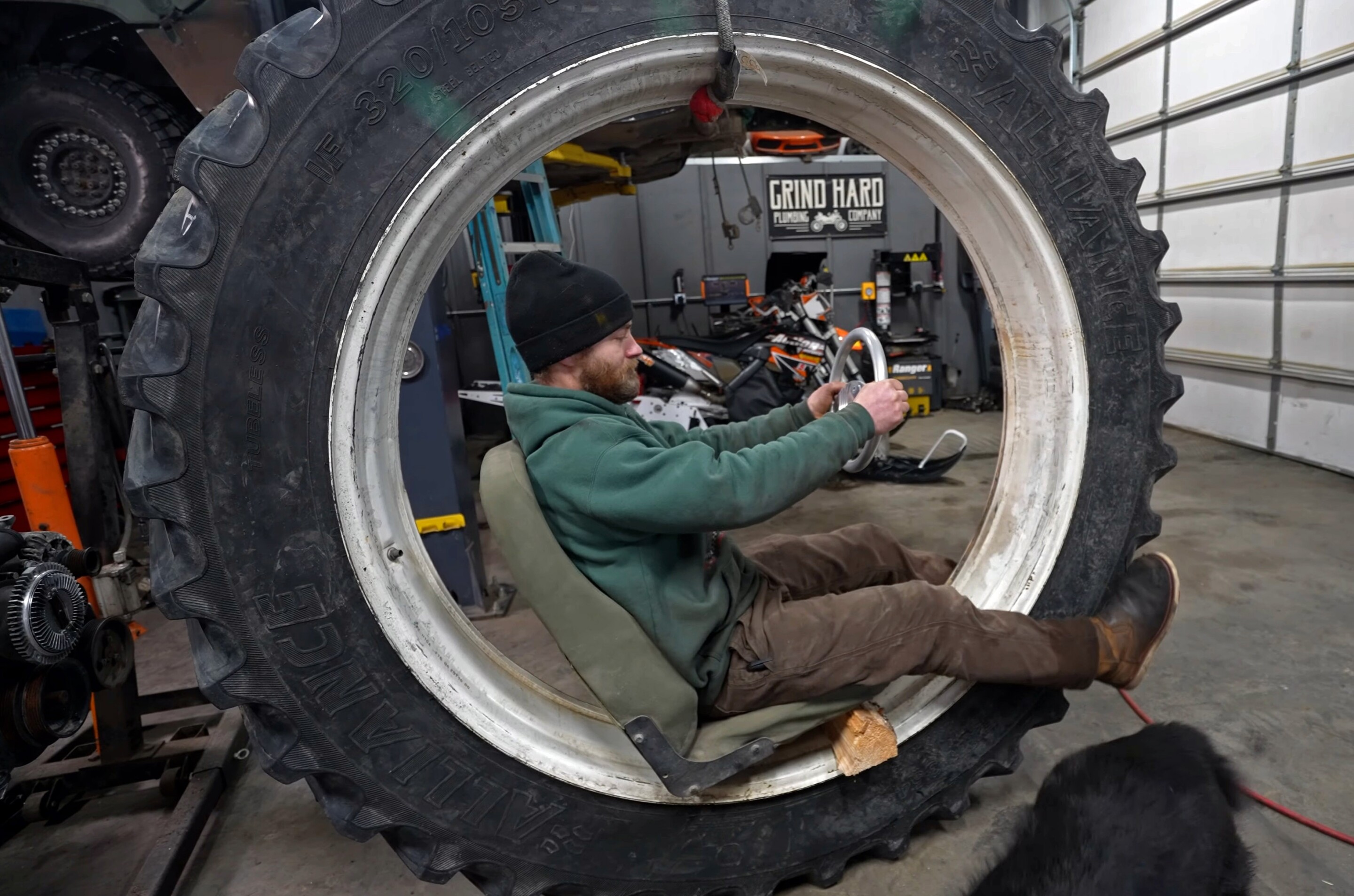 Watch: Grind Hard is building a trike with 80-inch ride-in tractor wheel
