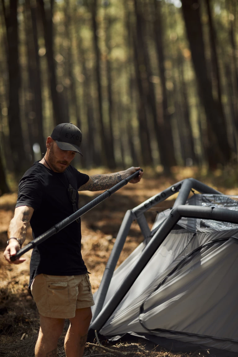 Exod pumps and pitches its inflatable ground + tree tent