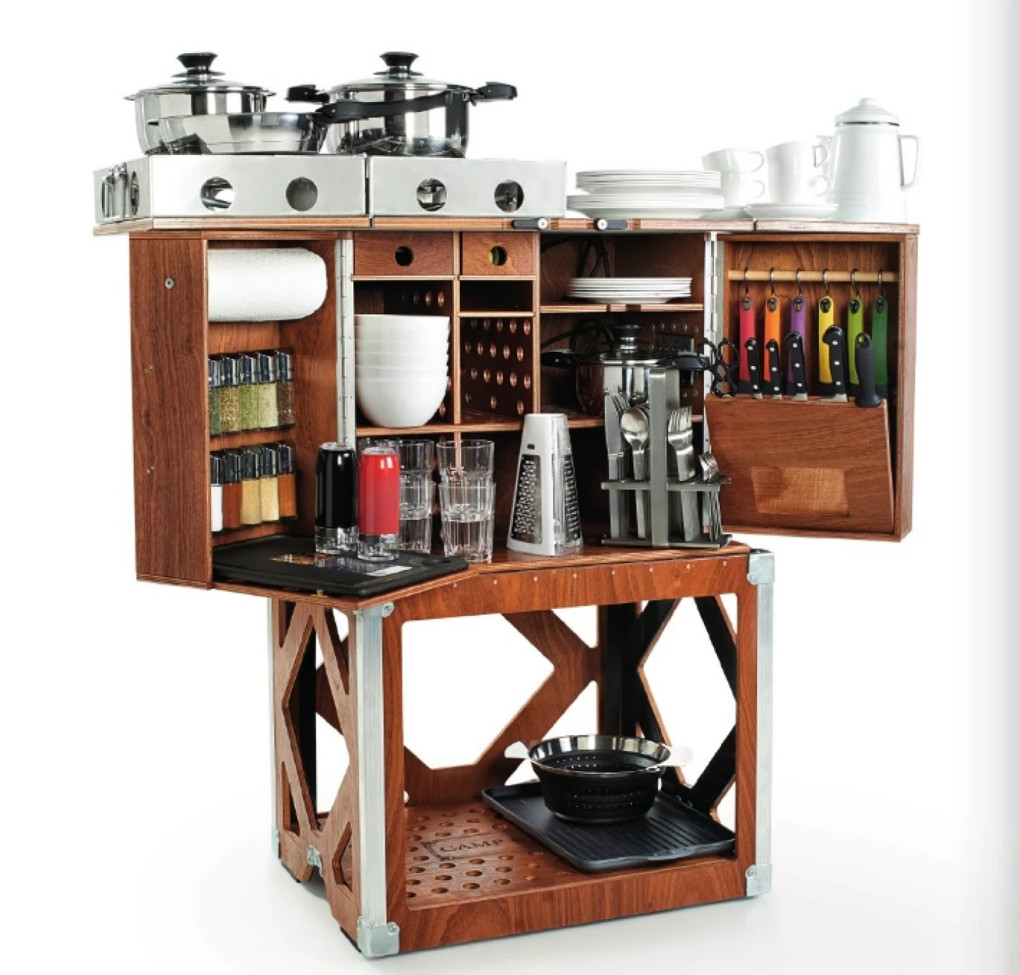 Camp Champ neatly packs a full camp kitchen into a wooden trunk