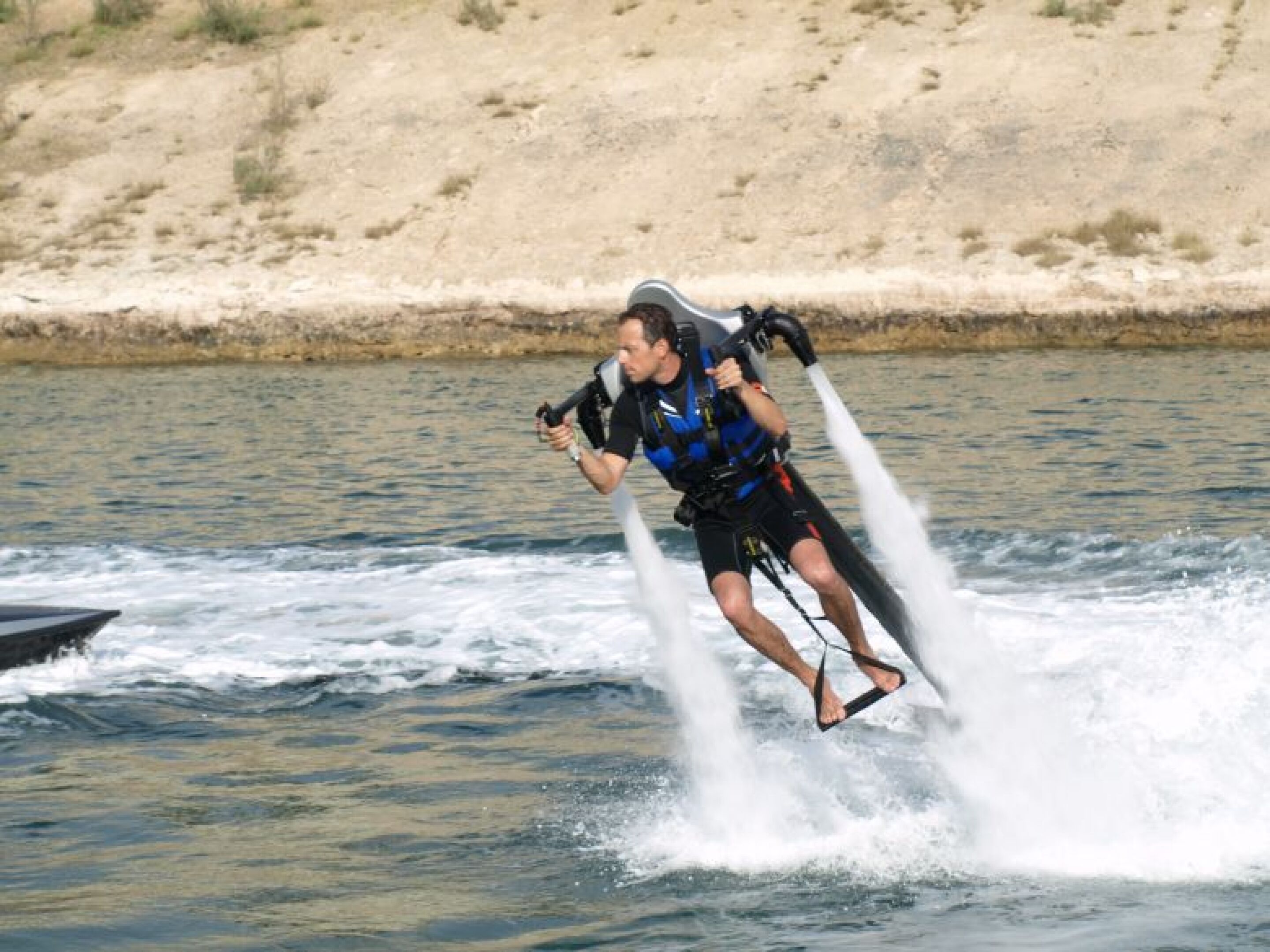 Water-propelled Jetlev-Flyer personal jetpack set for release
