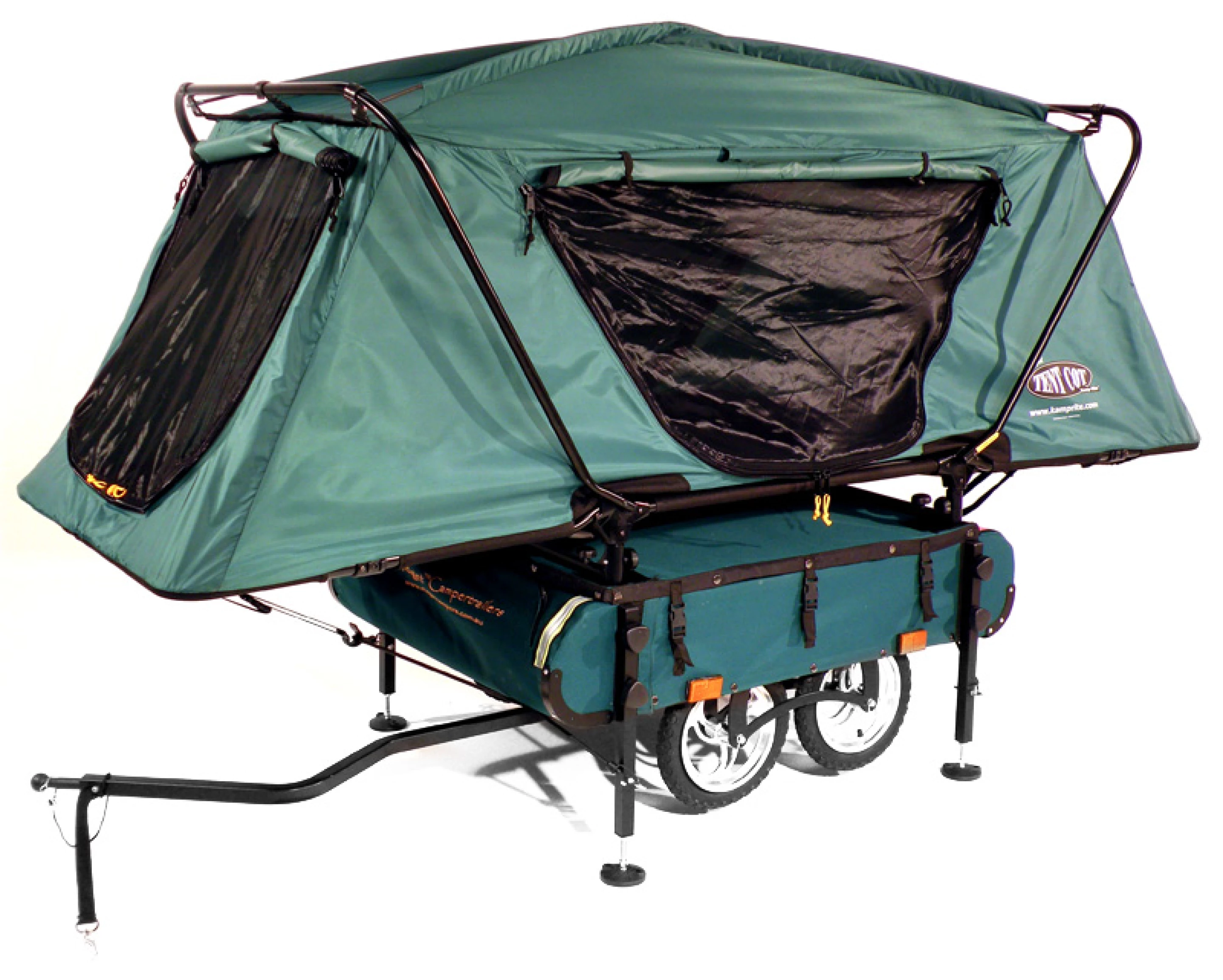 Midget Bushtrekka bicycle trailer with tent affords above-ground sleeping