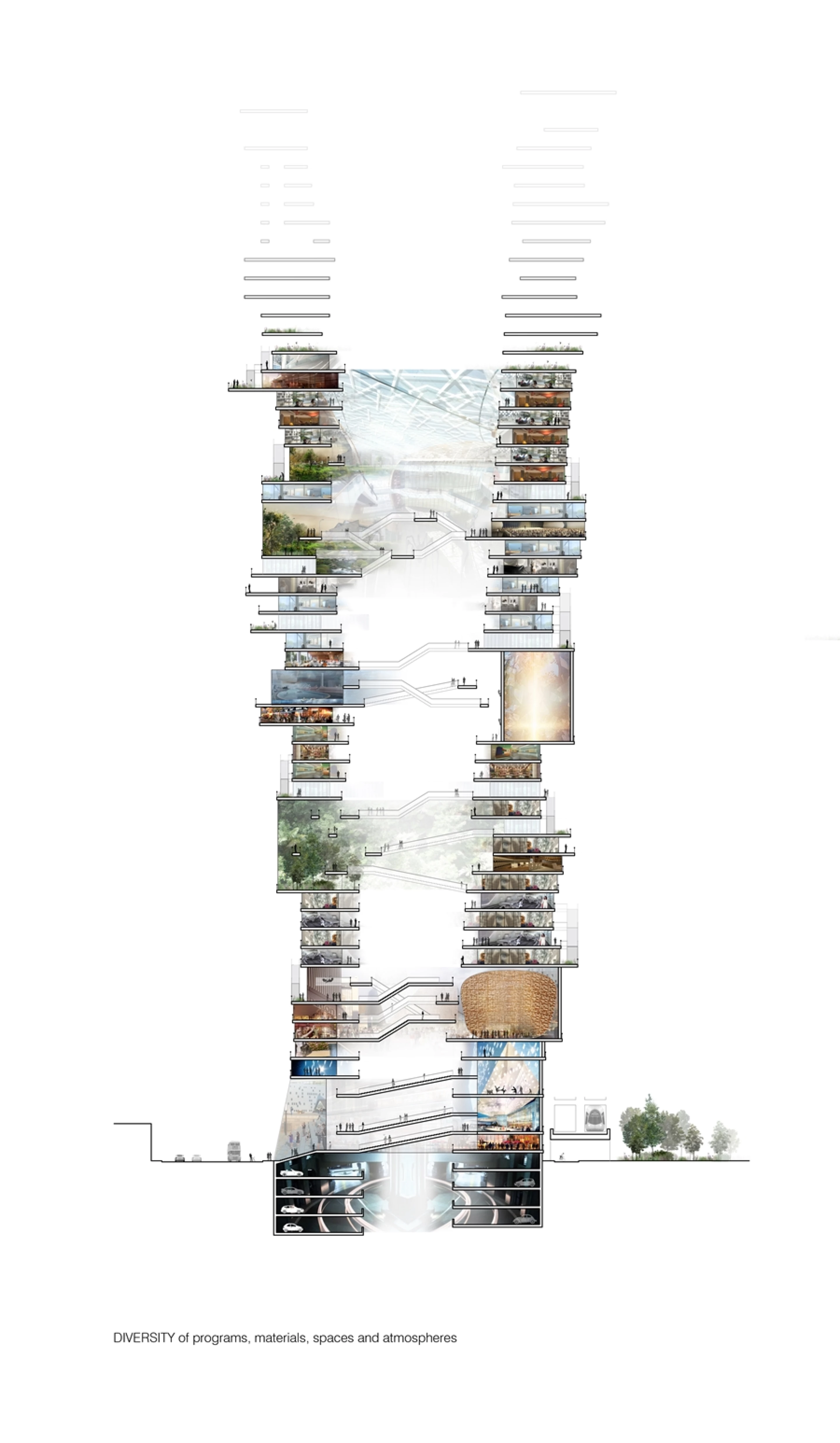 Spiral skyscraper replaces stairs with two rising intertwined ramps