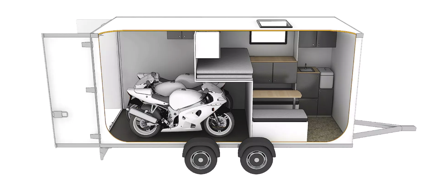 Sportcaravan Cube camping trailer sleeps three motorcycles and four ...