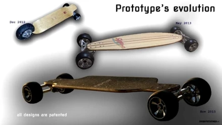 Lean Skateboard initiates sure turns with tilting, multi-link wheels
