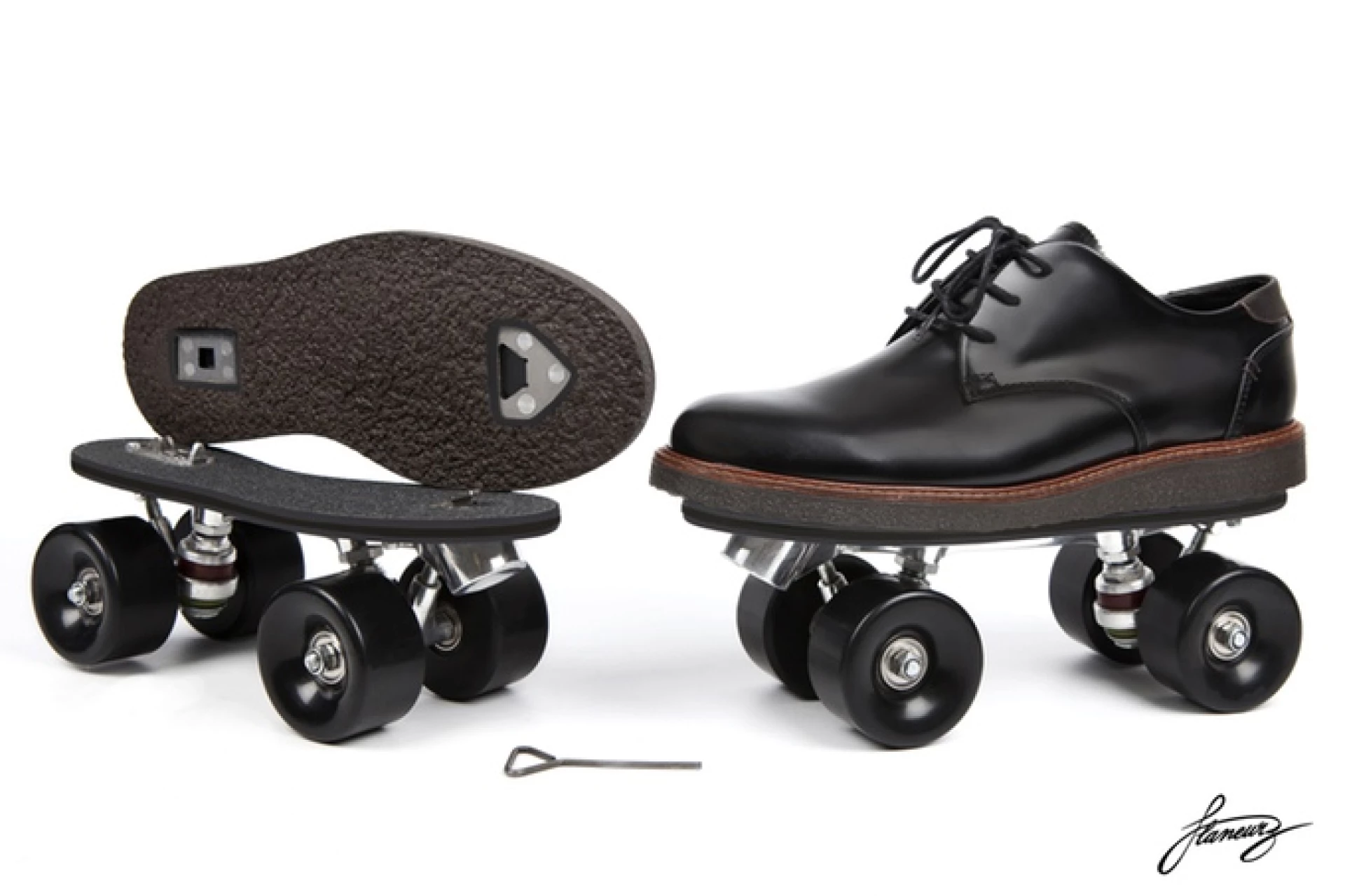 On Wheelz skates lock onto your sneakers like clipless bike pedals