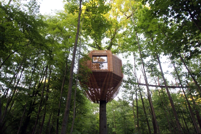 Geometric treehouse packs unexpected treetop luxury