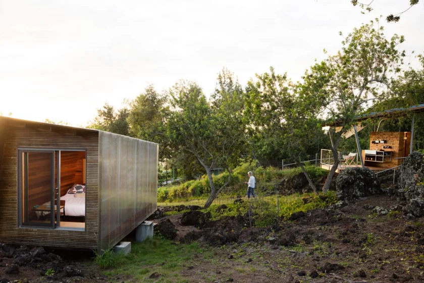 Pair of tiny dwellings built on solidified lava in Hawaii