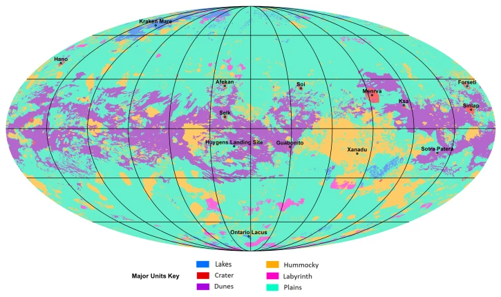 First global map of Titan highlights oceans, plains, dunes and mountains