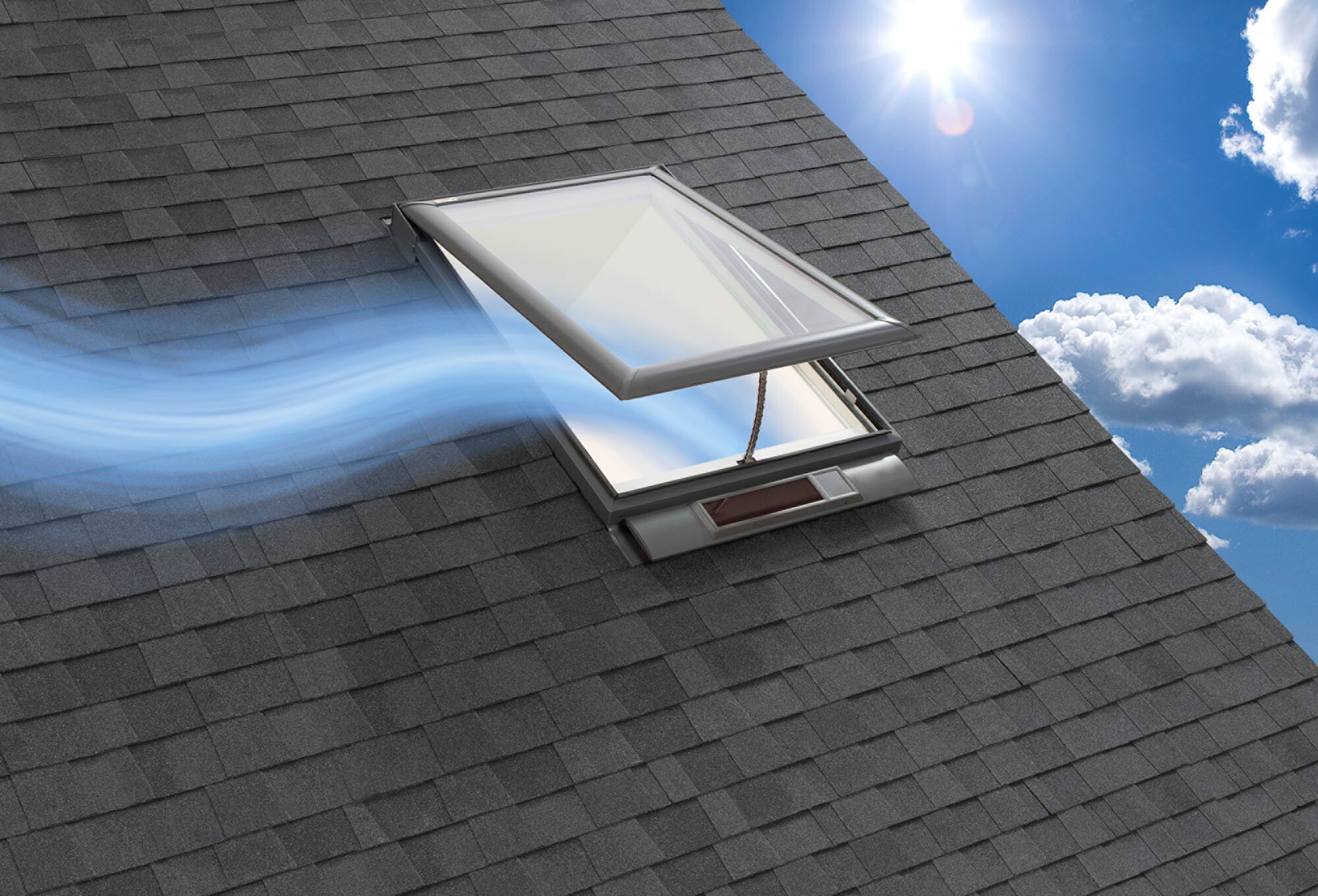 Solar-powered skylight opens and closes by remote control
