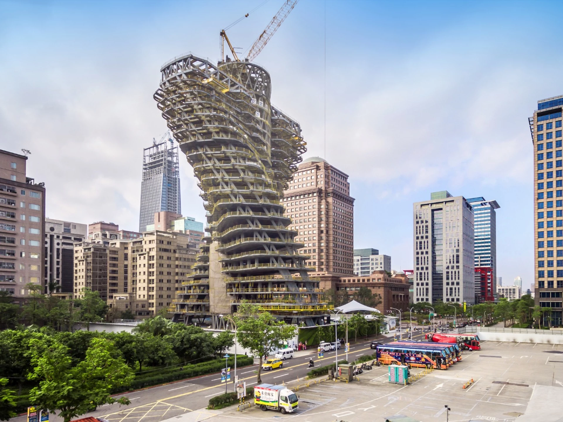 Vincent Callebaut's twisting tree-covered tower takes shape in Taipei