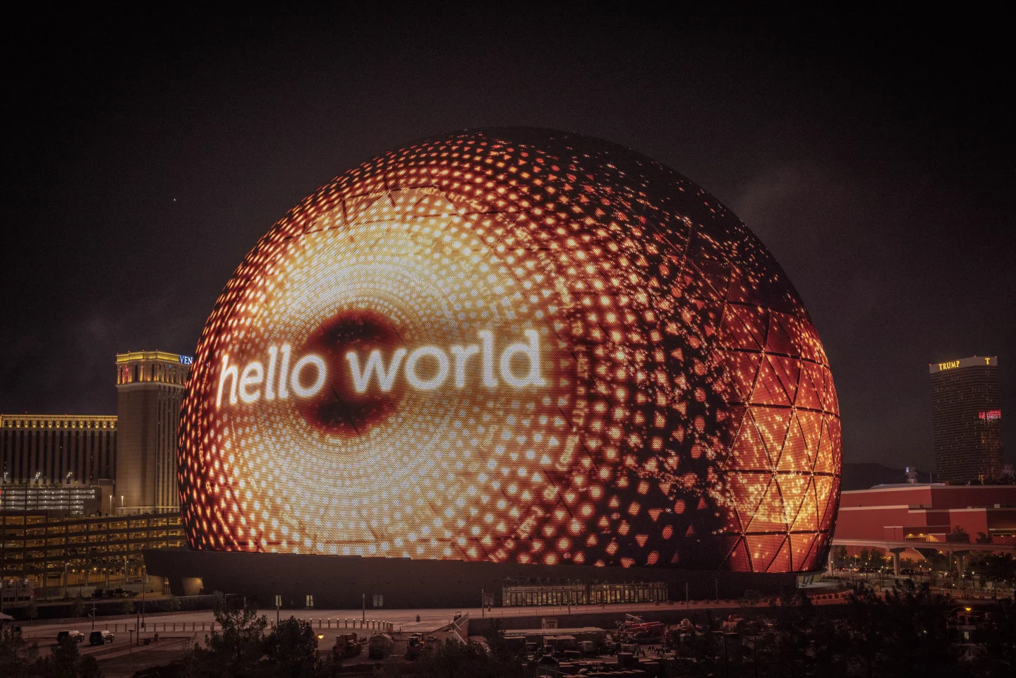 World's largest spherical building says hello with dazzling LED display