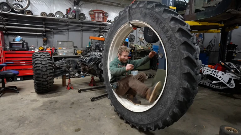 Watch: Grind Hard is building a trike with 80-inch ride-in tractor wheel