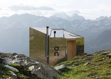 Off-grid shelter installed high in the Swiss Alps
