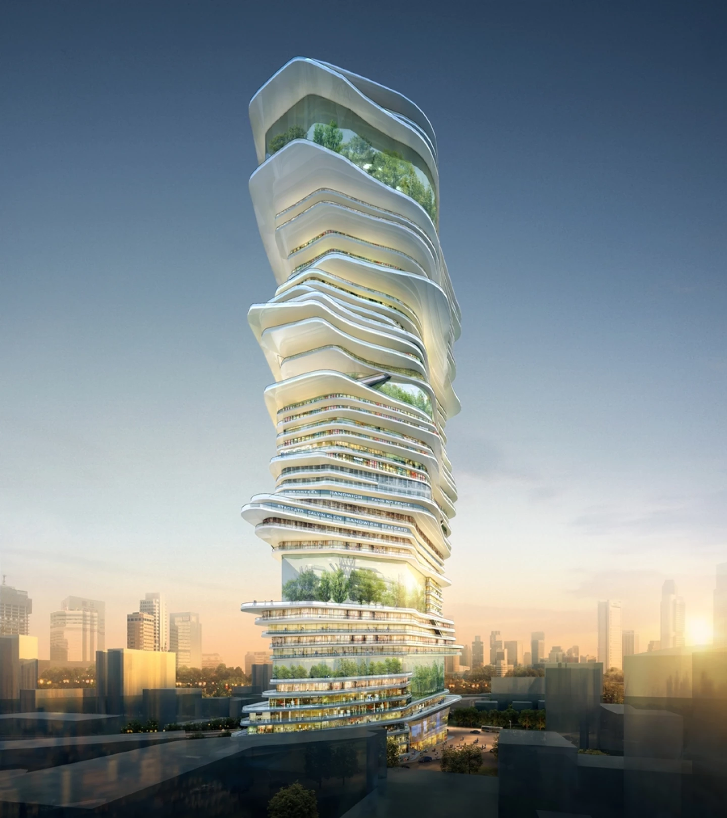 Spiral skyscraper replaces stairs with two rising intertwined ramps