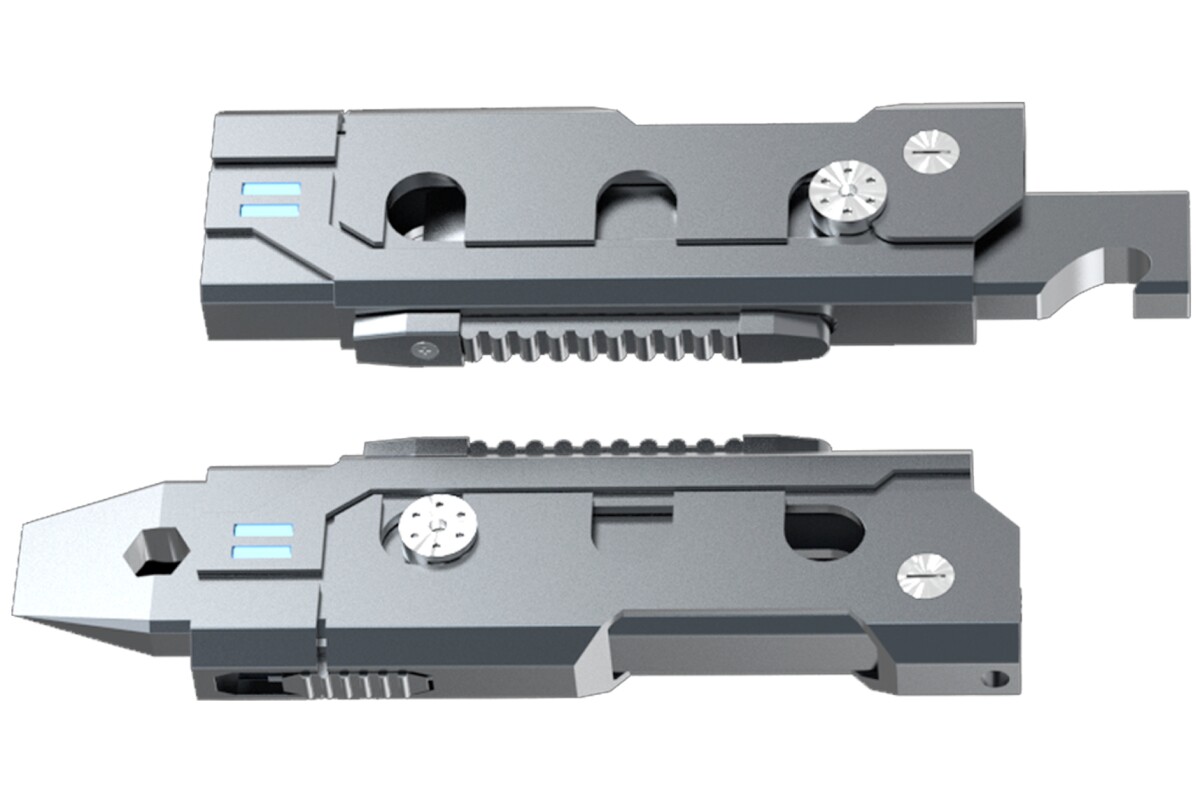 Slide-out multitool uses two heads for seven functions