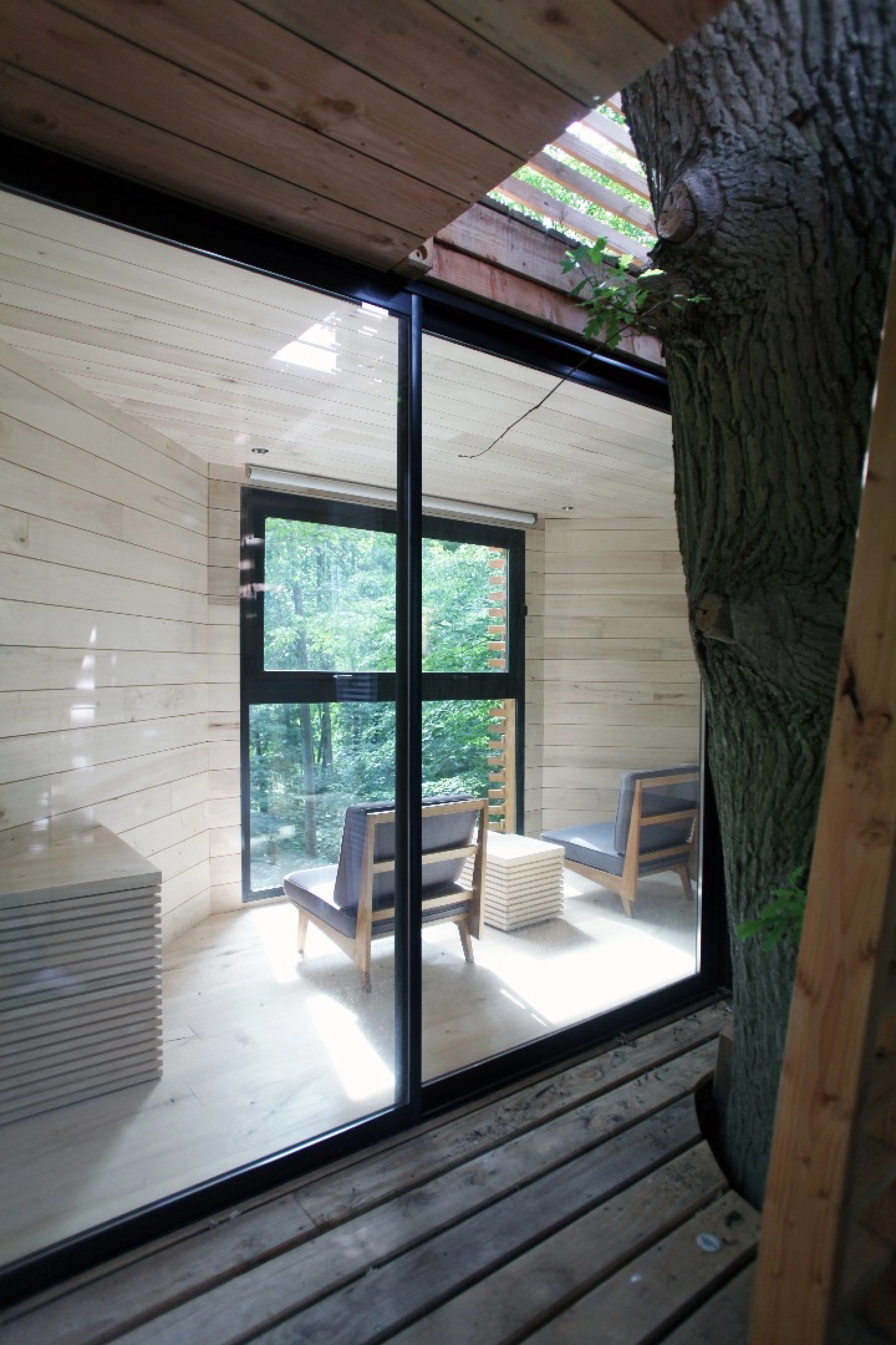 Geometric treehouse packs unexpected treetop luxury