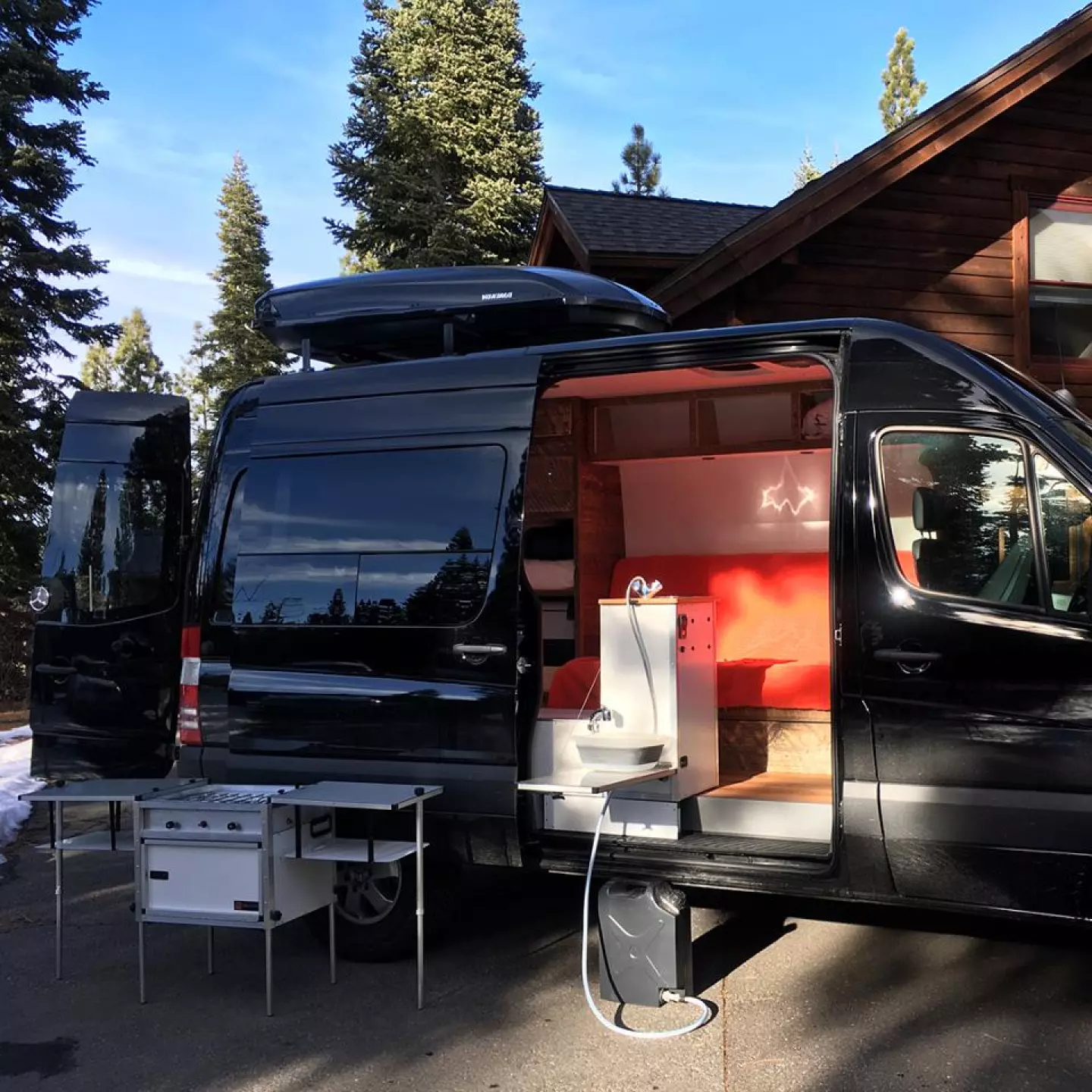 Plug-n-play indoor/outdoor TK kitchen instantly turns van into camper van