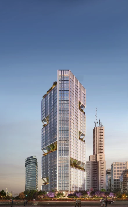 Foster + Partners packs greenery-filled terraces into triangular tower