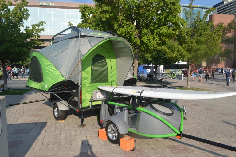 GO-Easy ultralight trailer/camper rides behind a motorcycle or small car