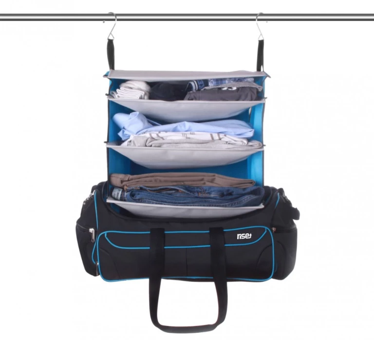 Rise & Hang duffel bag transforms into a hanging set of shelves