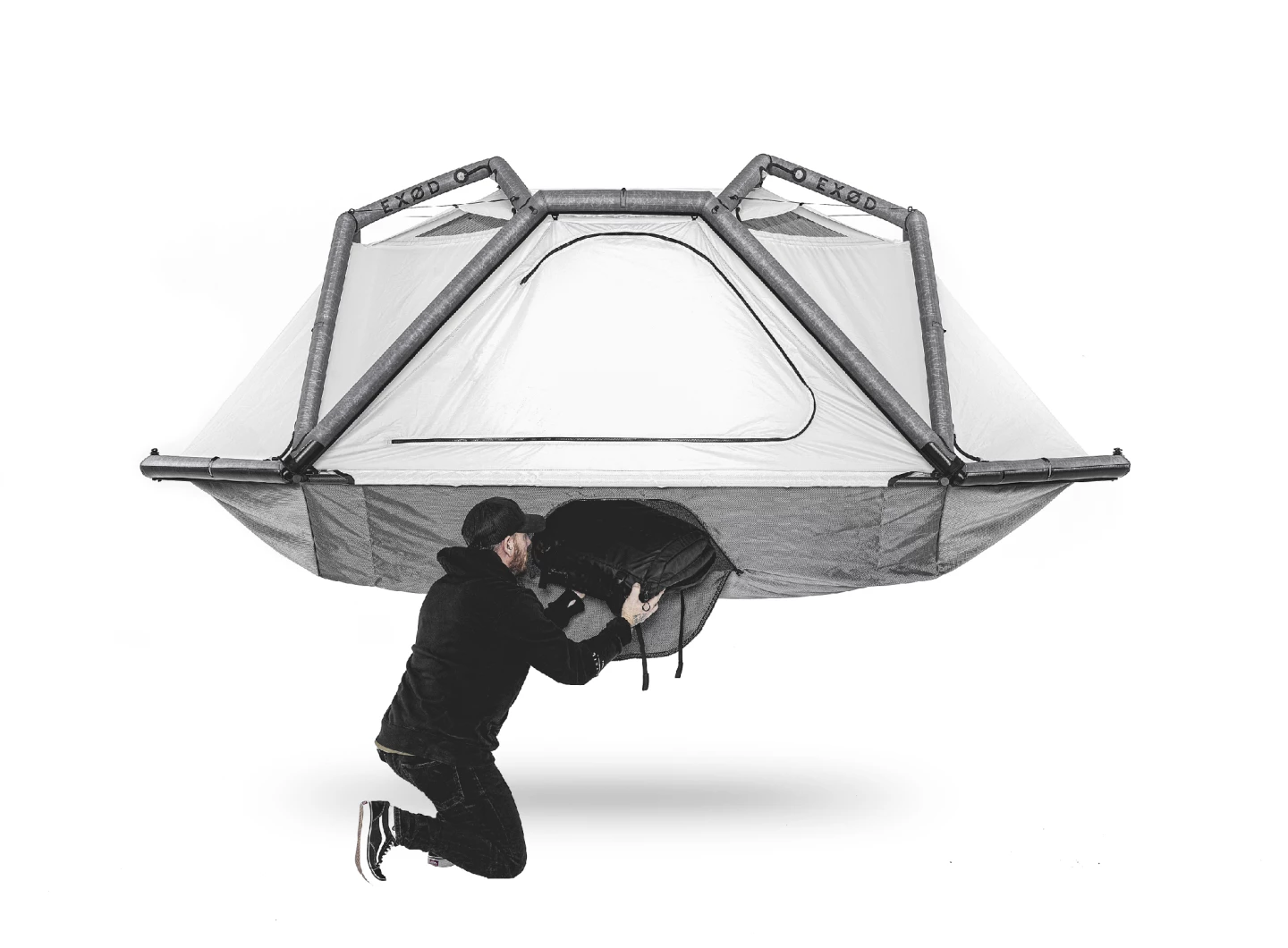 Exod pumps and pitches its inflatable ground + tree tent
