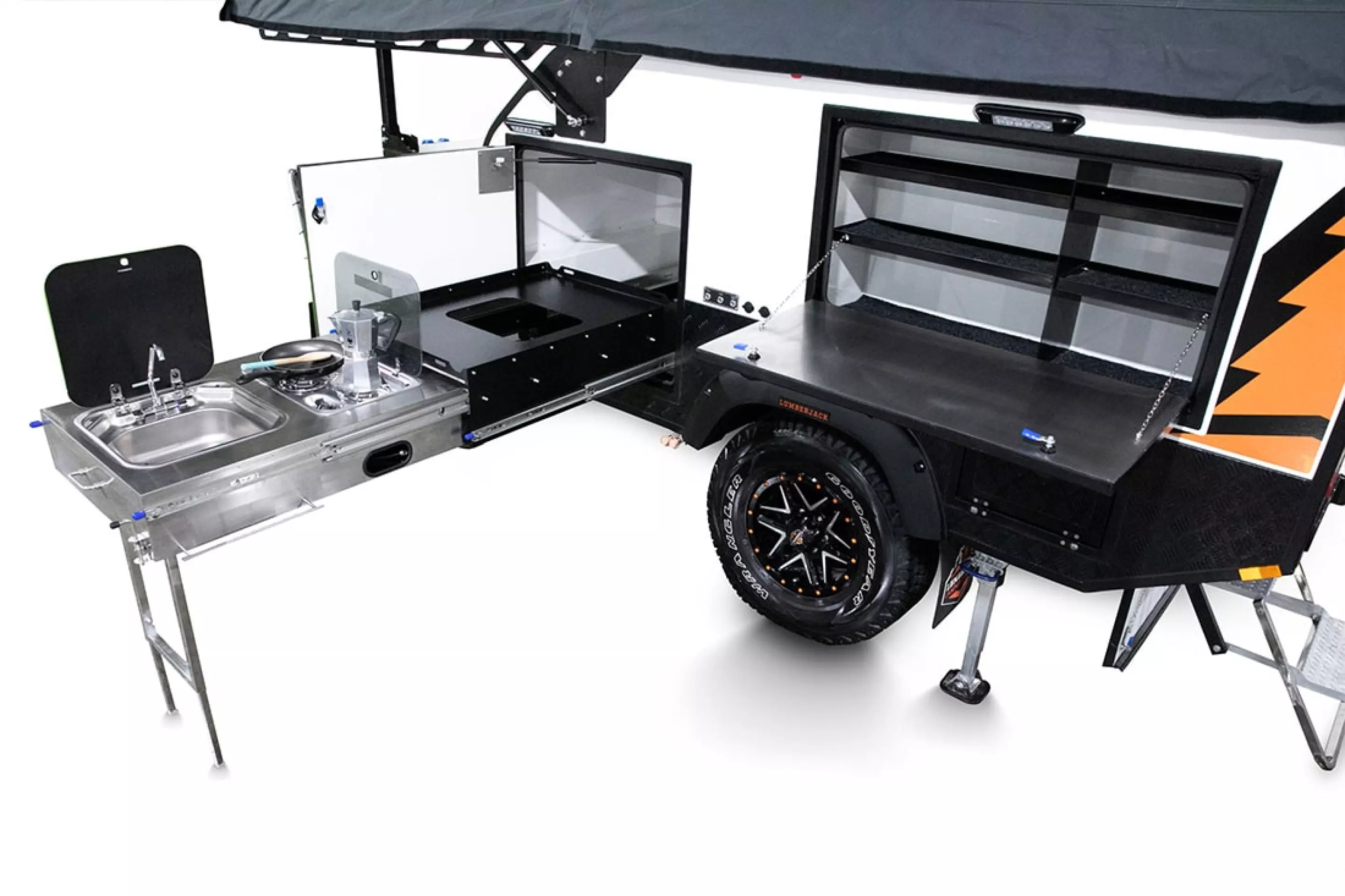 Lumberjack's hard-edged teardrop trailer folds into a tiny cabin